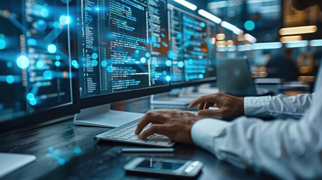 Software engineer coding on computer in dark office with multiple ...