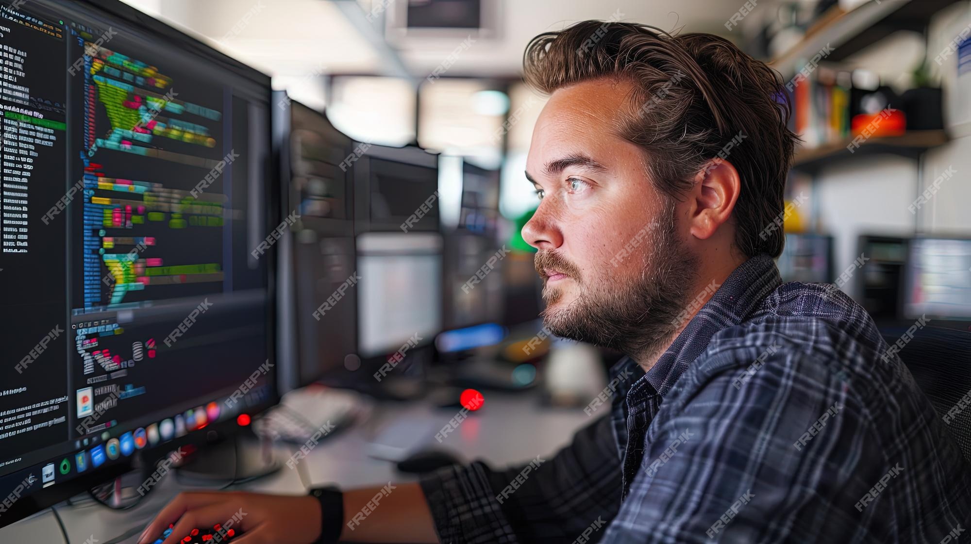 Premium Photo A Software Engineer Debugging Code On Multiple Monitors In A Techfilled Office