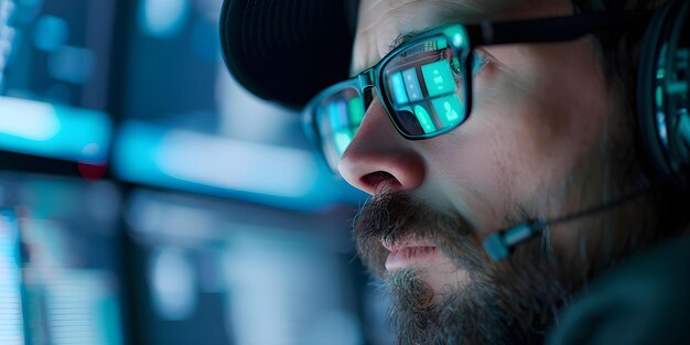Software Engineer Deeply Focused On Coding With Reflection In Glasses And Surrounded By Multiple