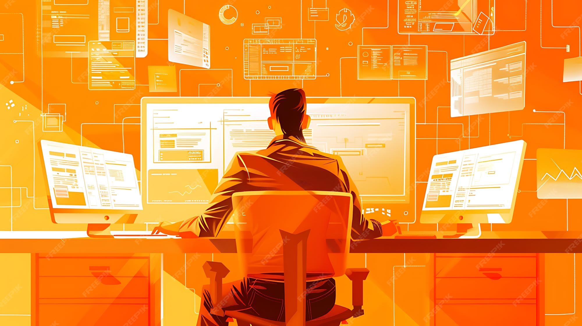 Software Engineer Immersed In Coding Complex Algorithms Surrounded By Multiple Screens Premium