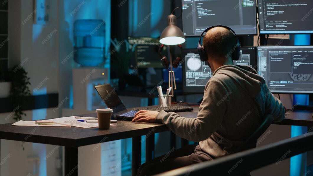 Premium Photo | Software engineer typing programming code on laptop with multiple monitors ...