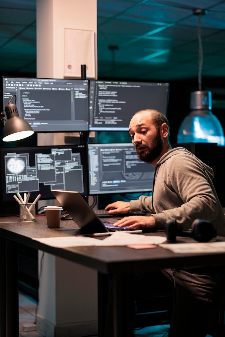 Premium Photo | Software engineer writing code on multiple screens displaying artificial ...