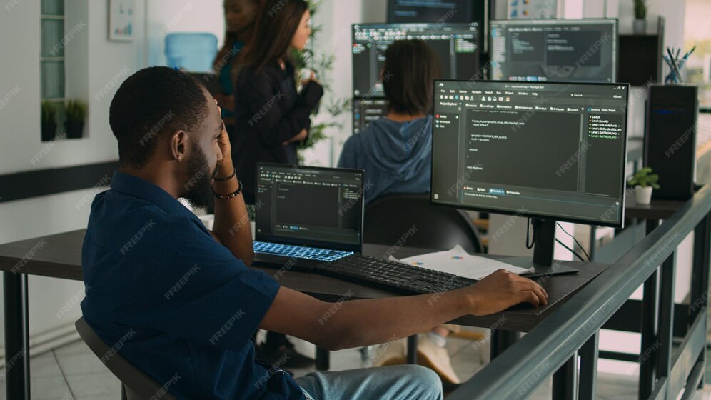 Premium Photo | Software programer brainstorming ideas to write code and create security program ...