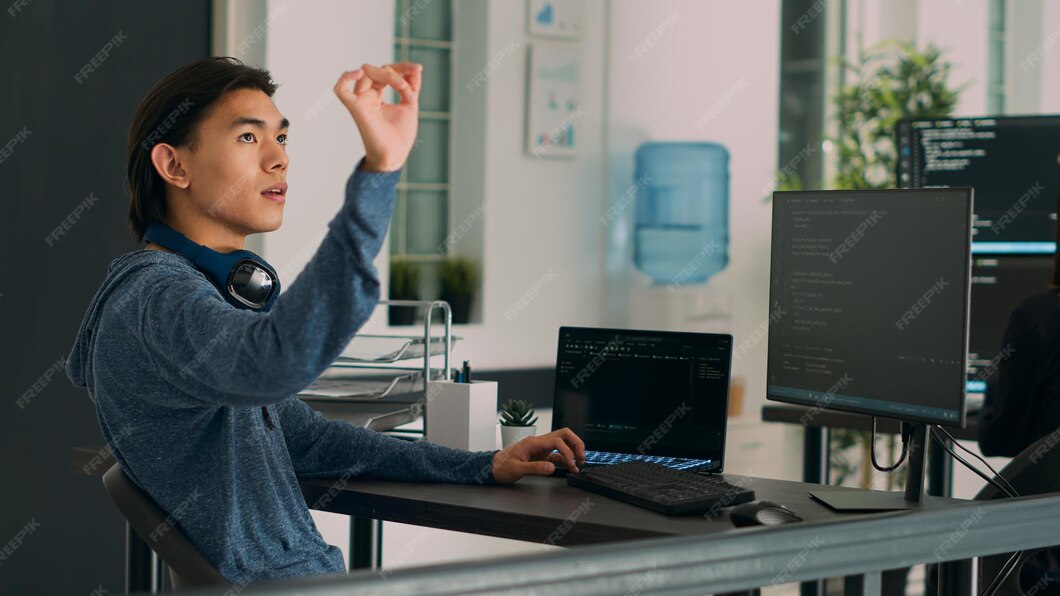 Premium Photo | Software programer writing code and using holographic ...