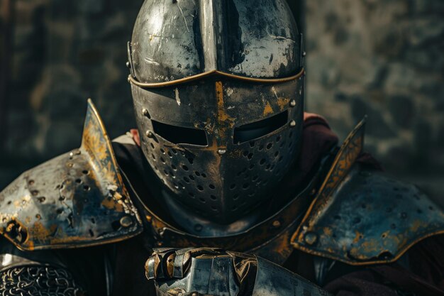 A solemn knight in weathered armor resting against ancient stone walls ... A solemn knight in weathered armor resting against ancient stone walls ...