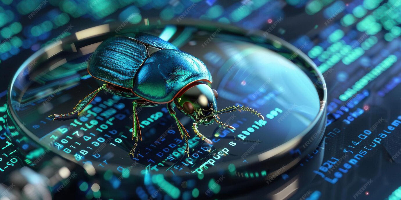 Solving Bugs A programmer carefully examining code for errors in a debugging session | Premium ...