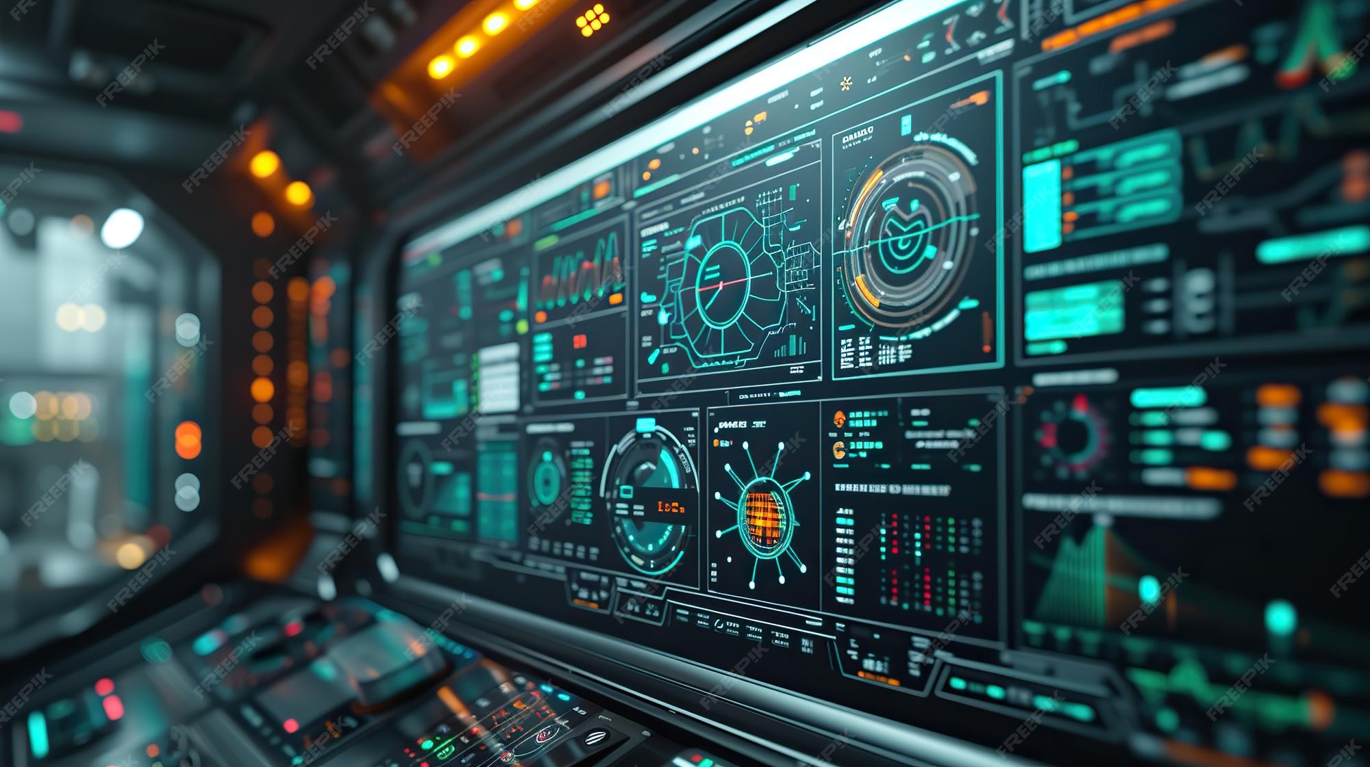 A sophisticated command center interface with multiple monitors displaying intricate data ...