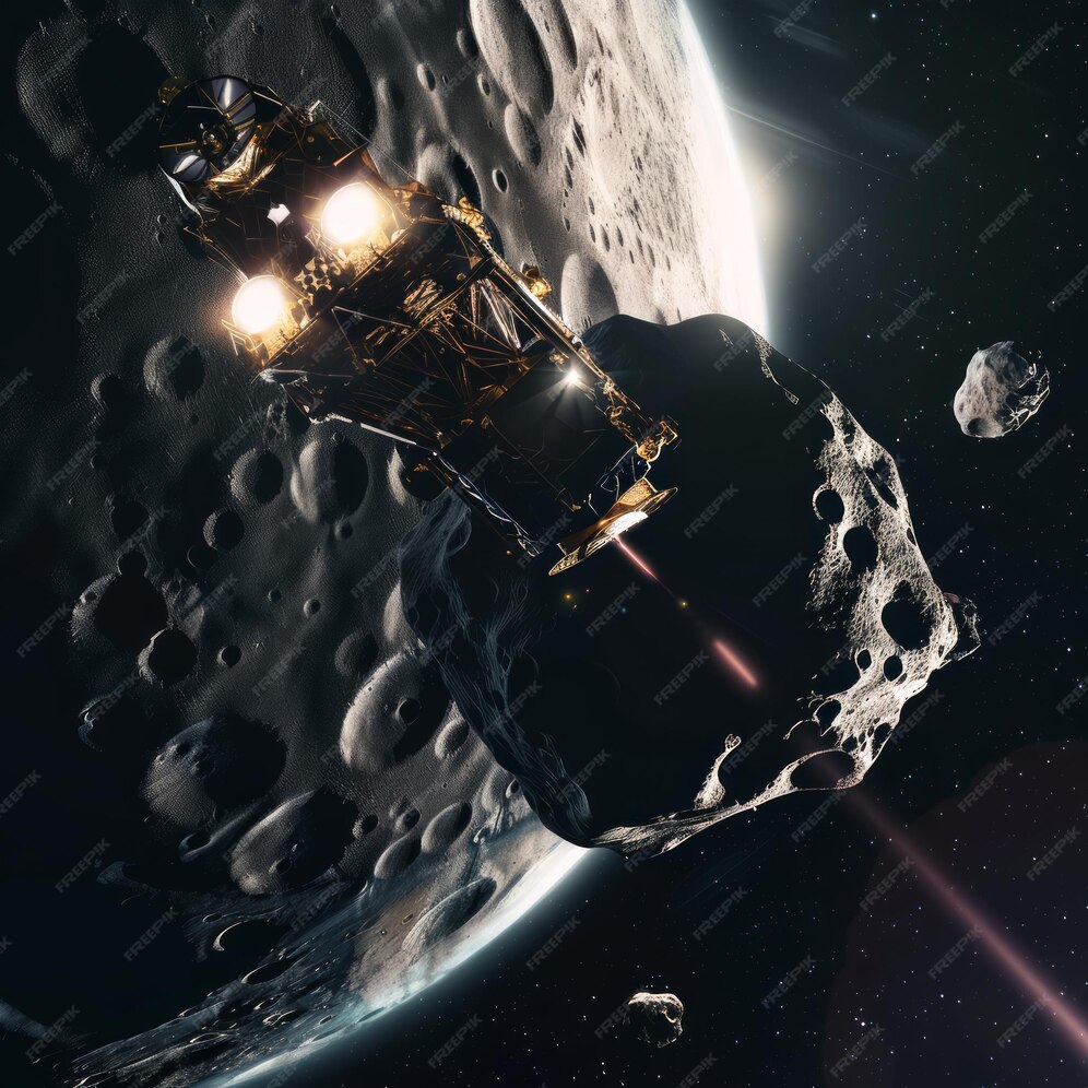 A spacecraft explores a cratered asteroid in space | Premium AI ... A spacecraft explores a cratered asteroid in space | Premium AI ...