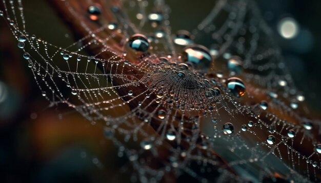 Premium Ai Image Spider Web Dew Drop Reflects Autumn Forest In Spooky