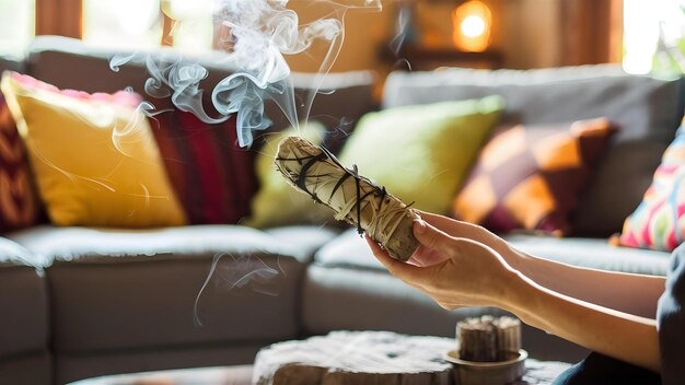 Premium Photo Spiritual Cleansing With A Sage Smudge Stick In The
