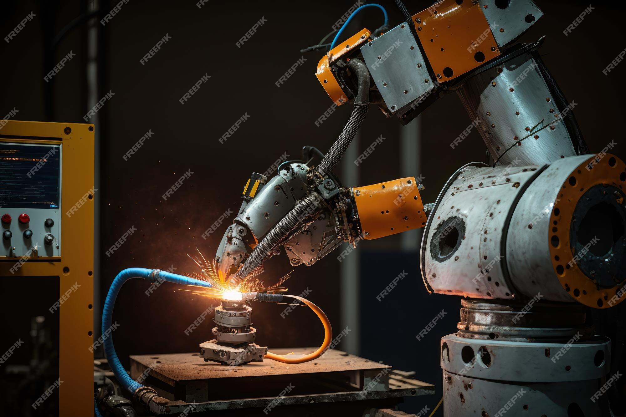 Premium AI Image | Spot welding robot with its arm extended holding the ... Premium AI Image | Spot welding robot with its arm extended holding the ...