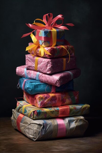 Premium AI Image | Stack of wrapped birthday presents with ribbons ... Premium AI Image | Stack of wrapped birthday presents with ribbons ...