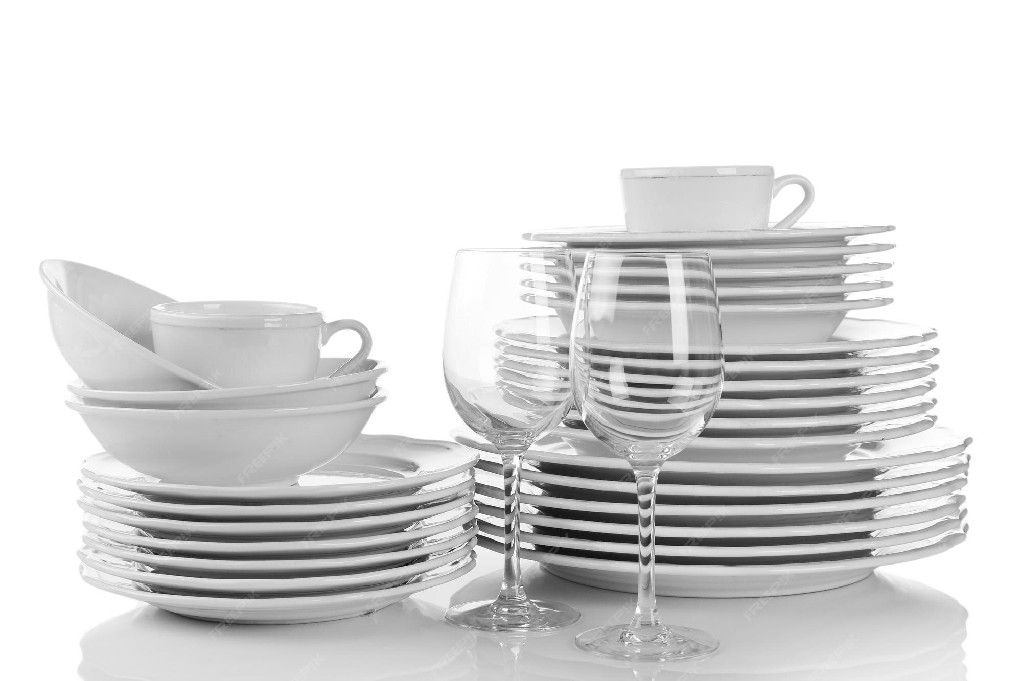 Premium Photo Stacked White Clean Plates Glasses And Cups Isolated On White