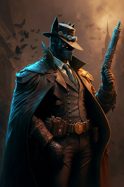 Premium AI Image | Steampunk detective with hat and gun Premium AI Image | Steampunk detective with hat and gun