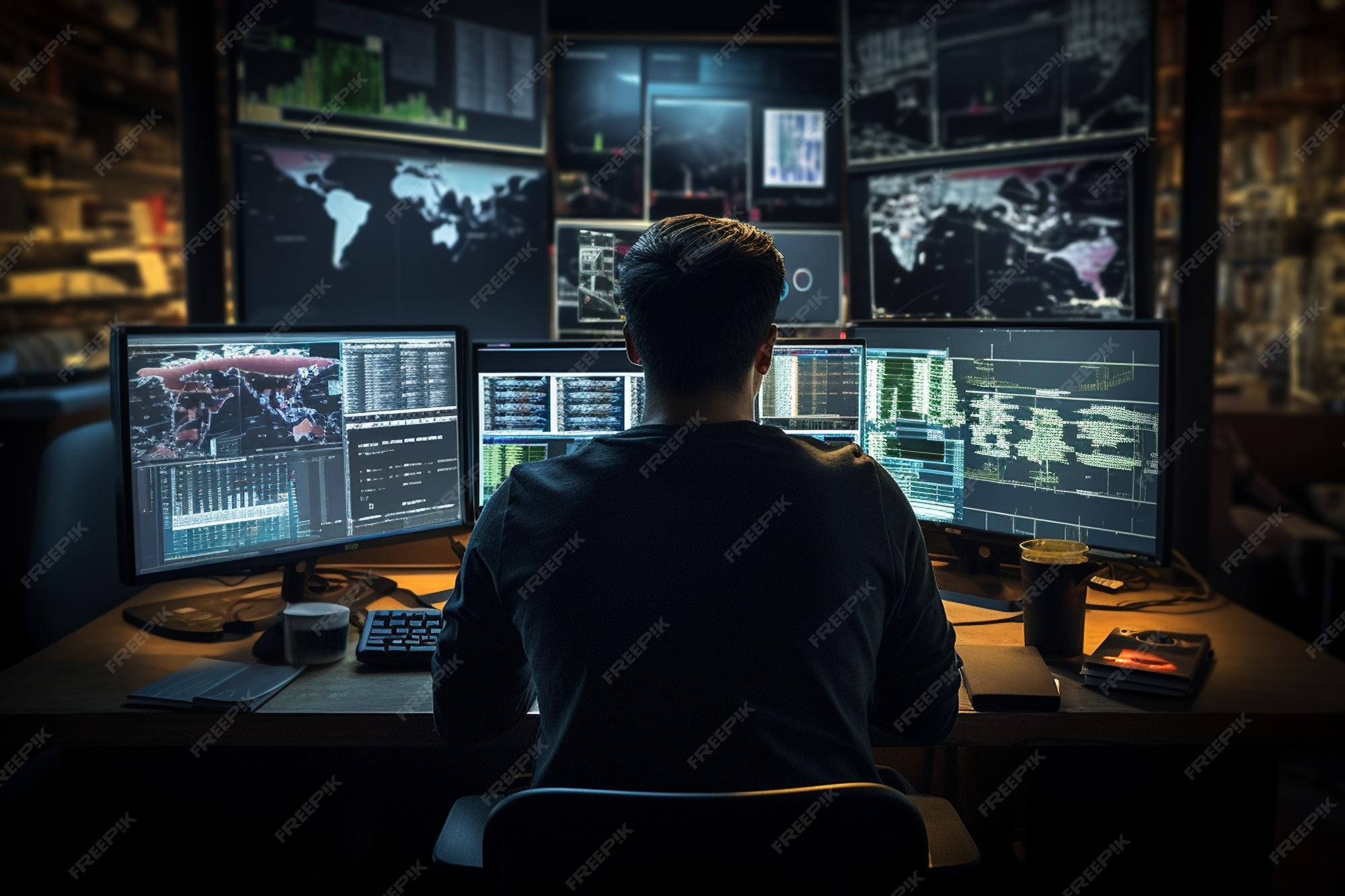 Premium Ai Image Stock Trader Man Using Multiple Monitors While 4657