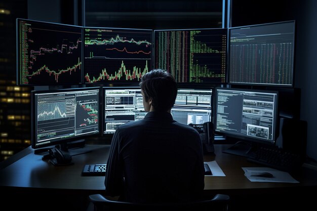 Premium Ai Image Stock Trader Man Using Multiple Monitors While Working Generative By Ai