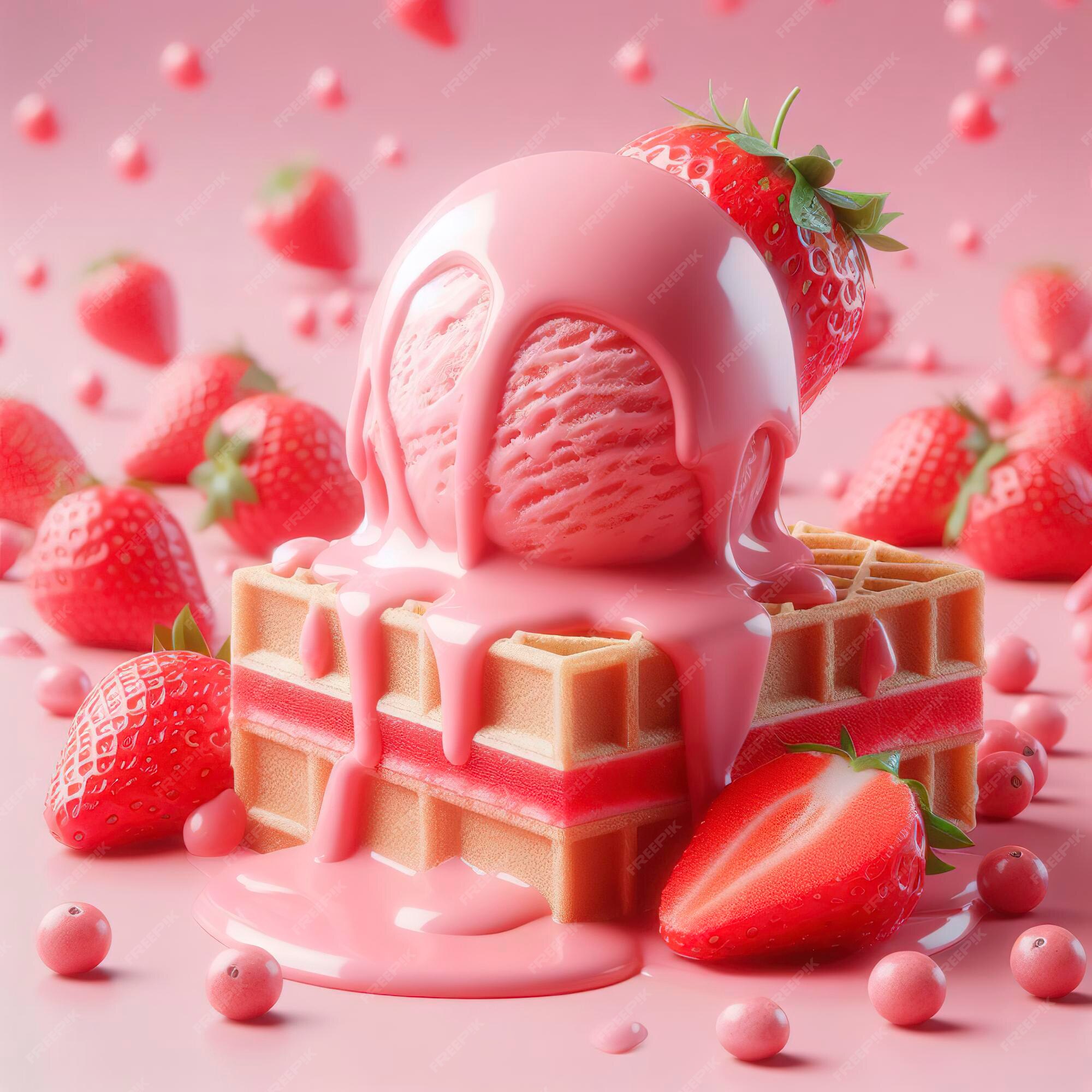 Premium Ai Image Strawberry Ice Cream Melting On Pink Wafer