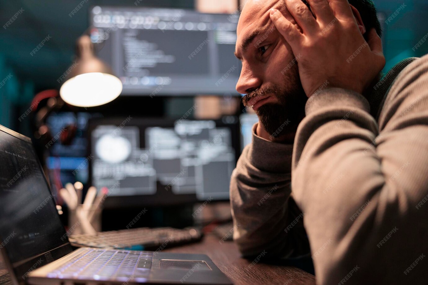 Premium Photo | Stressed sad developer programming server database, feeling frustrated about ...