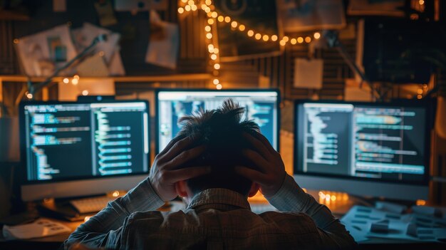 Stressedout Programmer With Multiple Computer Screens Latenight Coding