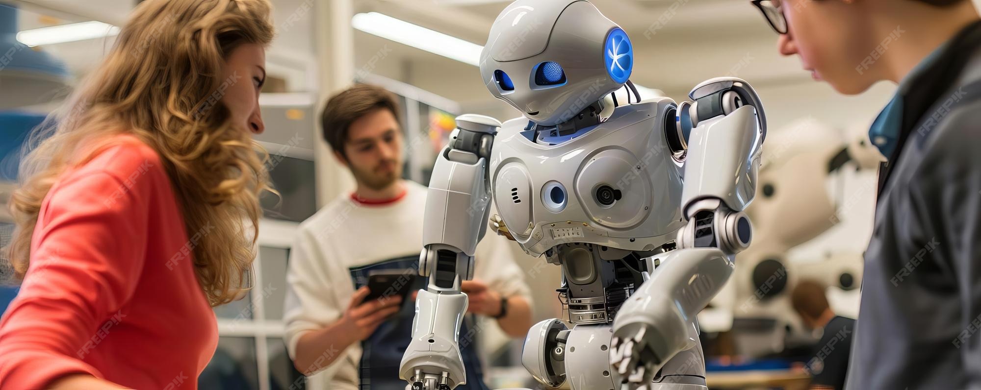Students in a robotics workshop programming AI robots to perform tasks fostering skills in ...