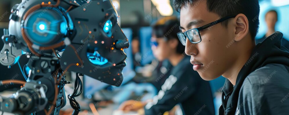 Premium Photo | Students in a robotics workshop programming AI robots to perform tasks fostering ...