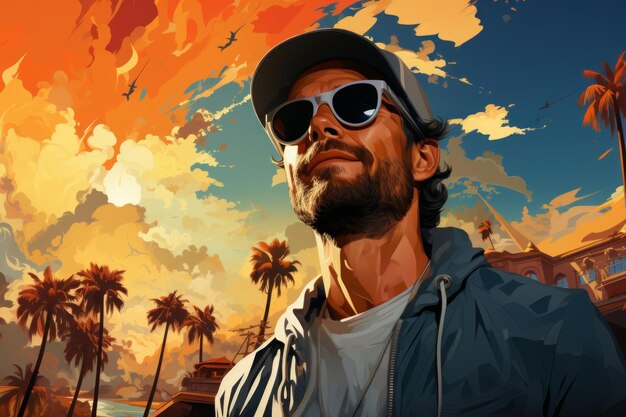 Premium Ai Image Stylish Handsome Man In Sunglasses And Cap Colorful
