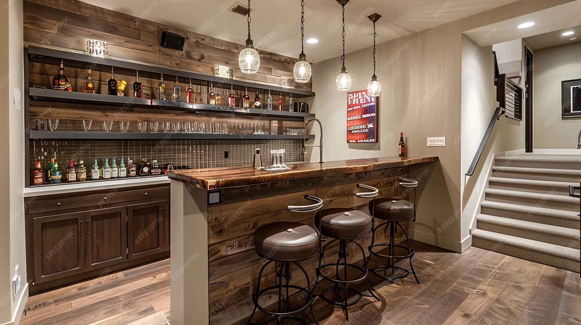 Stylish home bar with a counter bar stools and decorative shelving ... Stylish home bar with a counter bar stools and decorative shelving ...