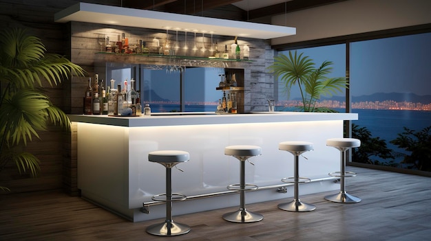 Premium AI Image | Stylish Home Bar with White Bar Counter Premium AI Image | Stylish Home Bar with White Bar Counter