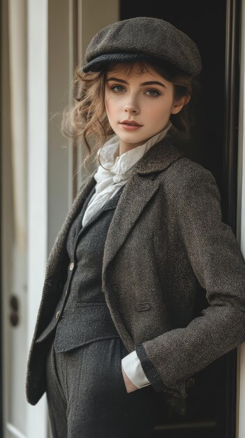 A stylish young woman stands gracefully in vintage attire exuding ... A stylish young woman stands gracefully in vintage attire exuding ...