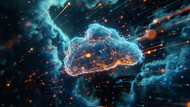 A stylized digital image depicting cloud computing with abstract elements representing data ...