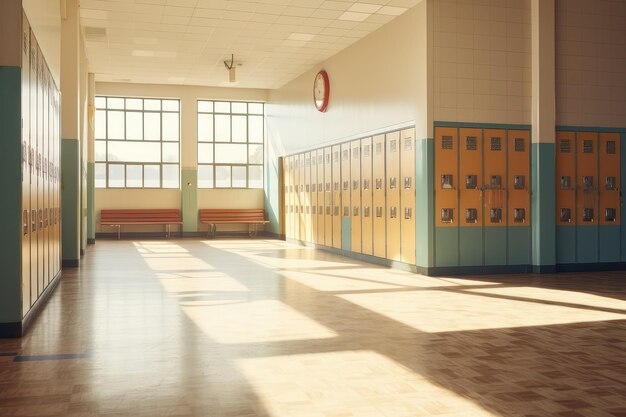 Premium AI Image | Sun shines on empty elementary school hall Premium AI Image | Sun shines on empty elementary school hall