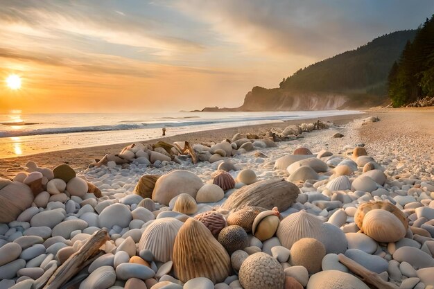 Premium AI Image | A sunset view of a beach with many shells on the rocks. Premium AI Image | A sunset view of a beach with many shells on the rocks.