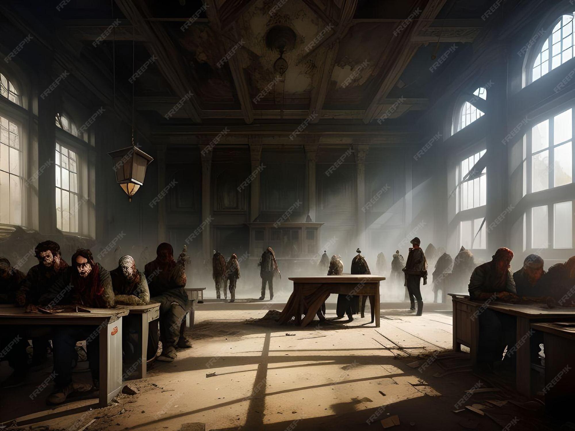 Premium AI Image | Super Realistic Foggy Zombies in A Cafeteria in ... Premium AI Image | Super Realistic Foggy Zombies in A Cafeteria in ...