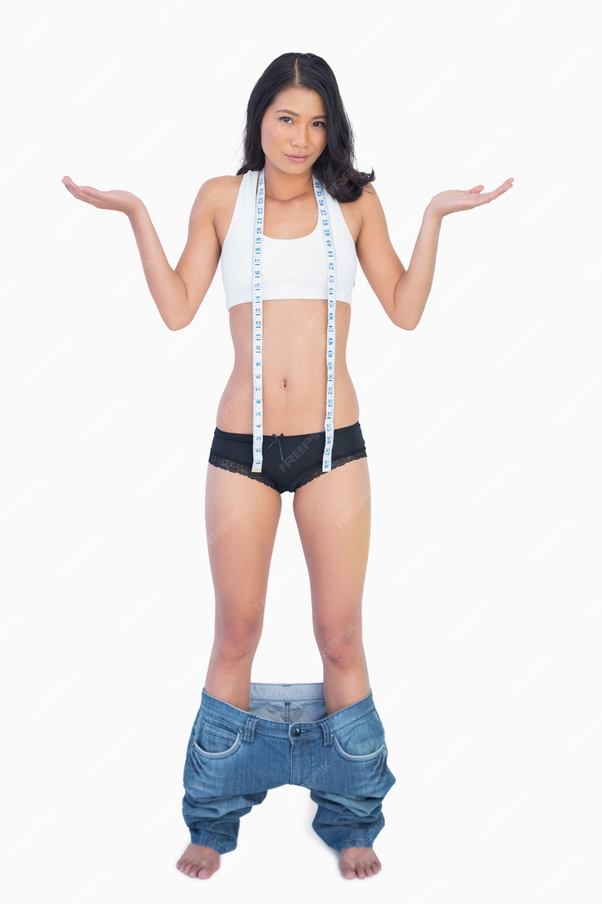 Premium Photo Surprised Woman Wearing Jeans Falling Down Because Shes Lost Weight