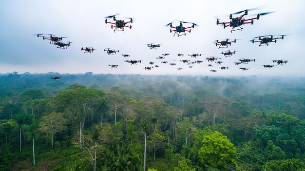 A swarm of drones flying over a dense rainforest | Premium AI-generated ... A swarm of drones flying over a dense rainforest | Premium AI-generated ...