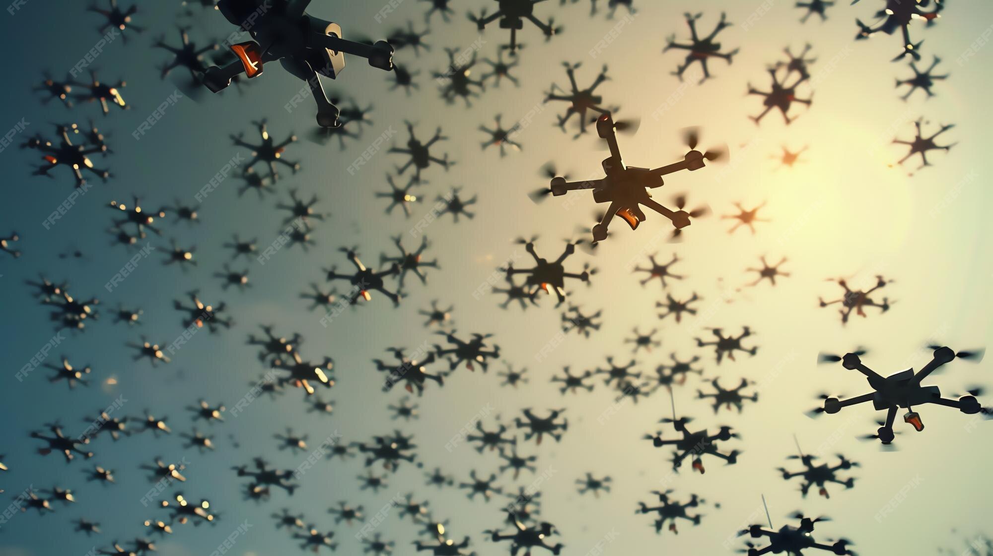 A swarm of drones flying in the sky at sunset | Premium AI-generated image A swarm of drones flying in the sky at sunset | Premium AI-generated image