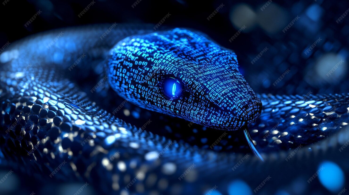 Symbolizing Python programming and data manipulation this digital snake is surrounded by binary ...