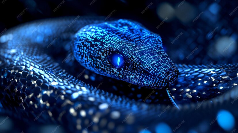 Symbolizing Python programming and data manipulation this digital snake is surrounded by binary ...