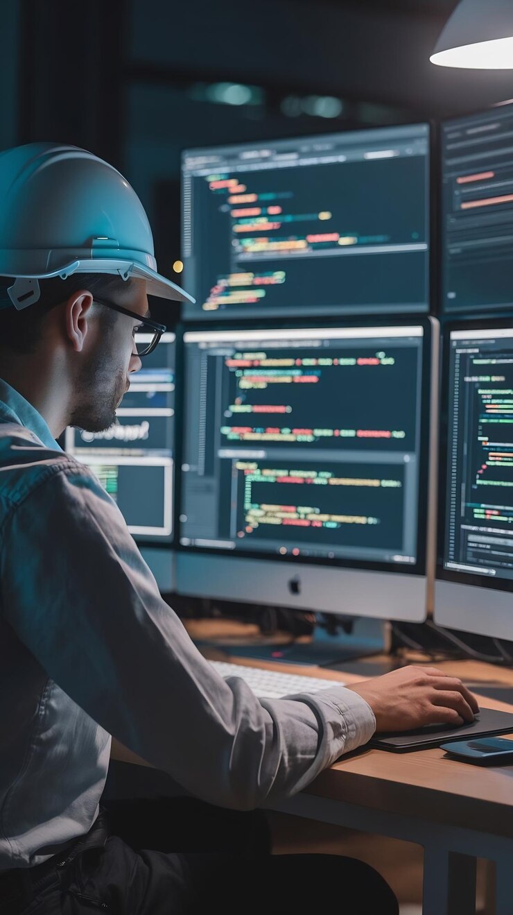 System engineer programming user interface on computer and compiling source code with html ...