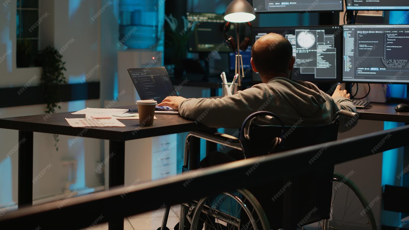 Premium Photo | System engineer with impairment working on web programming, using laptop and ...