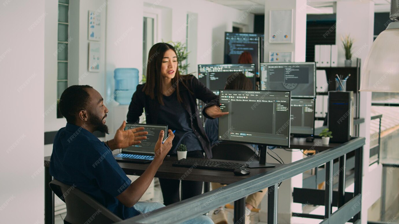 Premium Photo | System engineers celebrating successful code compiling, doing highfive hand ...