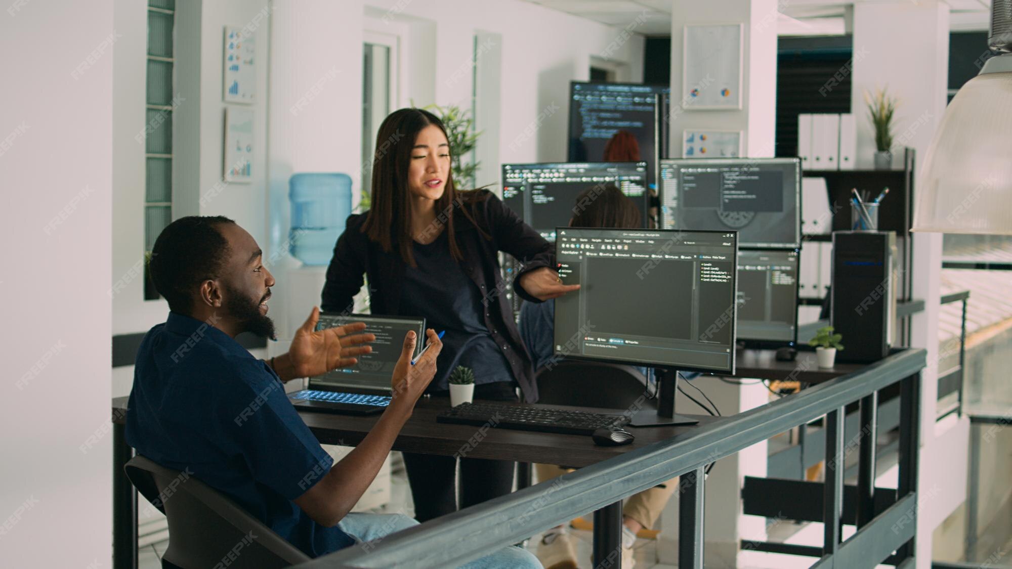 Premium Photo | System engineers celebrating successful code compiling, doing highfive hand ...