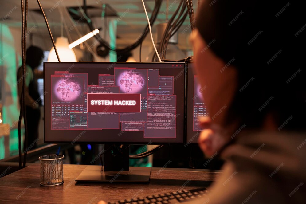 Premium Photo | System hacked warning on screen, computer database access, corporate server ...