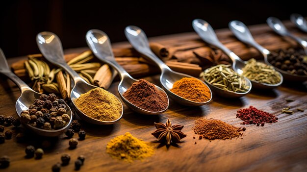 Premium AI Image | a table with spoons filled with different spices Premium AI Image | a table with spoons filled with different spices