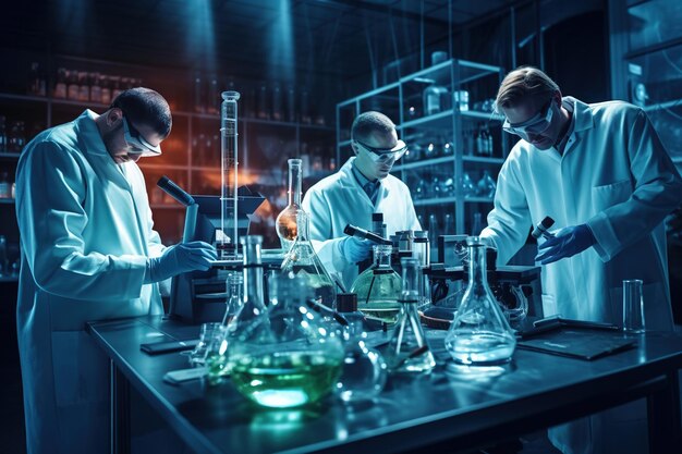 Premium Photo A Team Of Biochemical Research Scientists Works With A Microscope For Vaccine