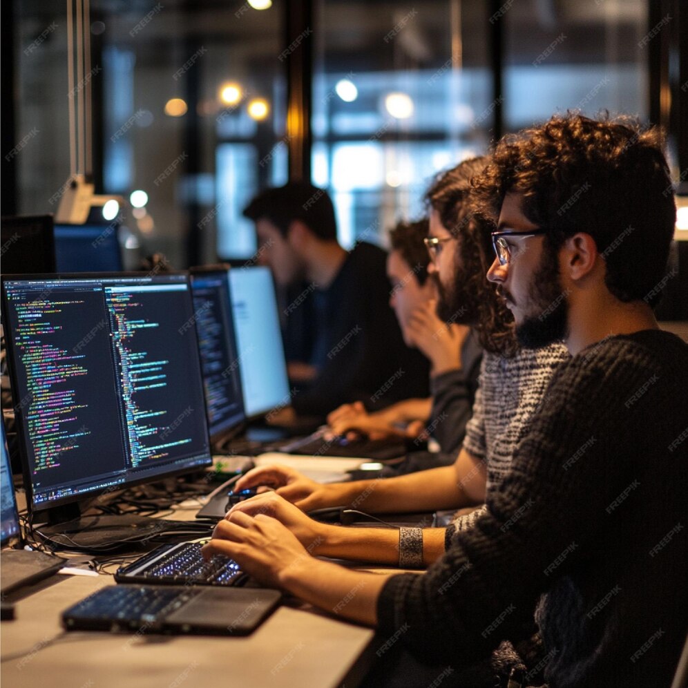 A team of engineers collaborating over a bugfixing session using remote debugging software ...