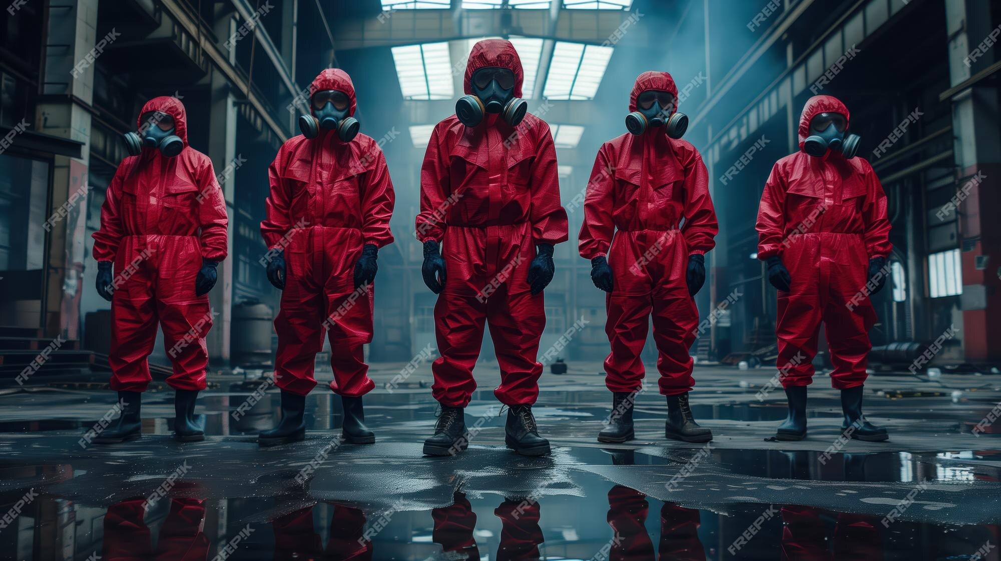Team in Red Hazmat Suits and Respirators Preparing for Hazardous Work ... Team in Red Hazmat Suits and Respirators Preparing for Hazardous Work ...