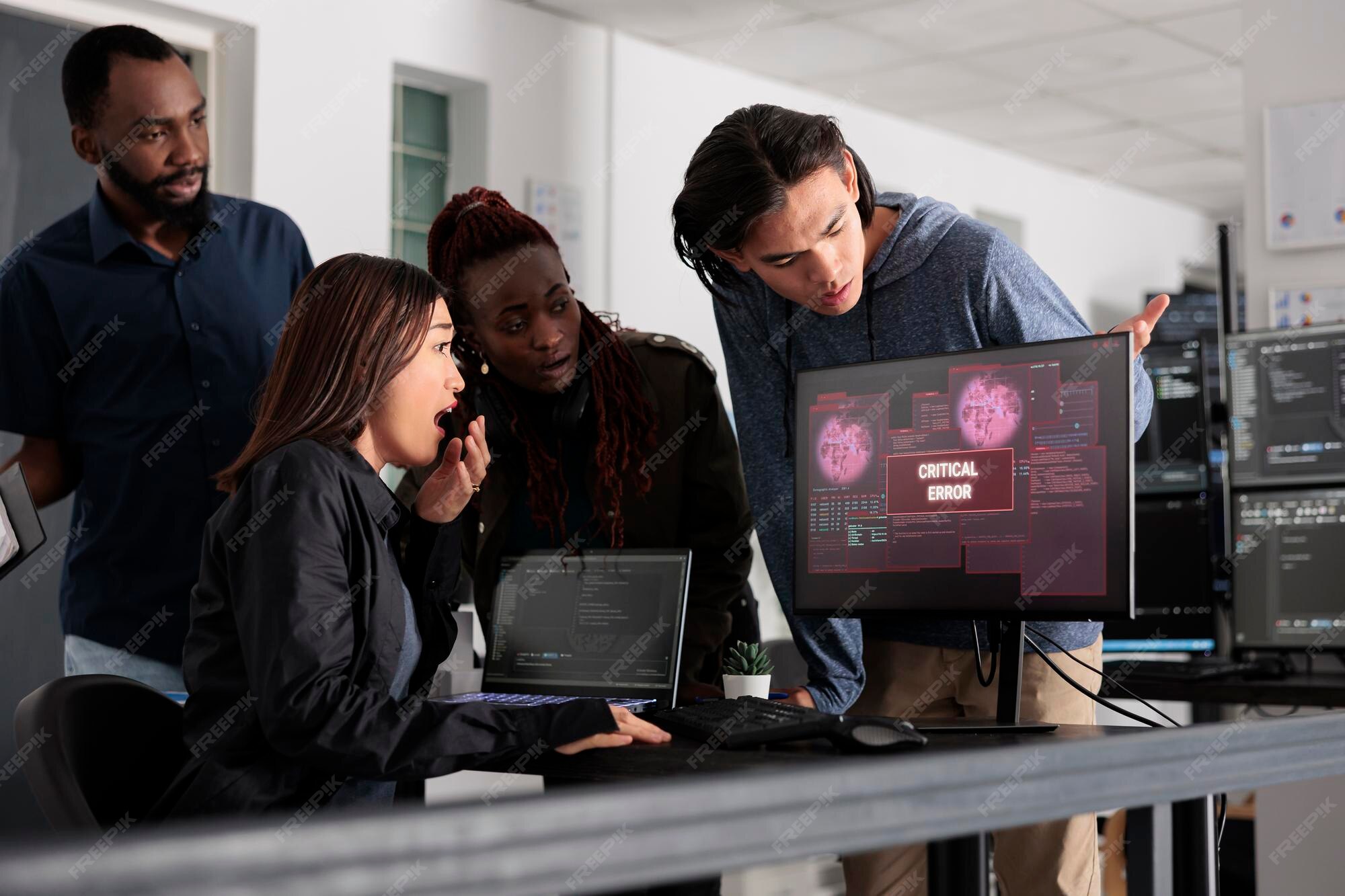 Premium Photo | Team of software developers having web server hacked, reading critical error on ...
