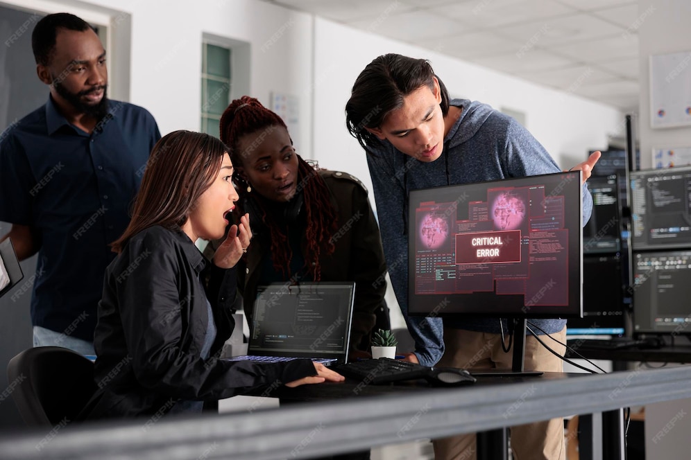 Premium Photo | Team of software developers having web server hacked, reading critical error on ...