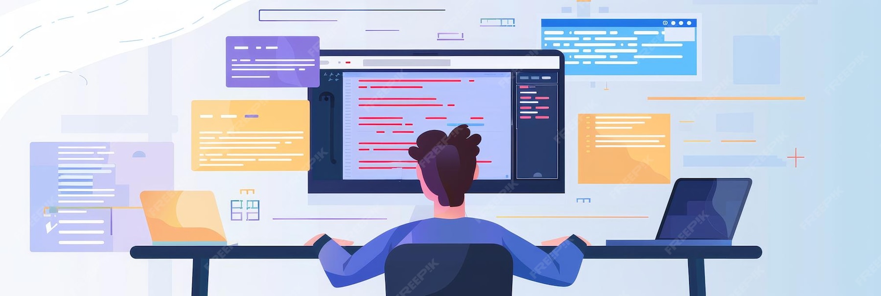 Tech Developer in Office Writing Code on Monitors with Floating Windows ...
